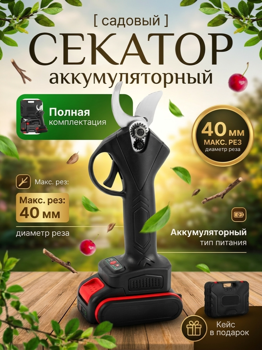 Секатор аккумуляторный садовый для огорода, электрический сучкорез для обрезки деревьев кустов черный