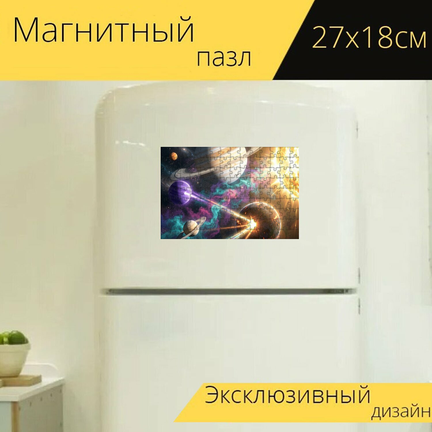 Магнитный пазл "Космическая битва планет и солнца. Фантастическая сцена в открытом космосе: кольцевые миры, огненная звезда, лучевые вспышки, неоновая." на холодильник 27 x 18 см.