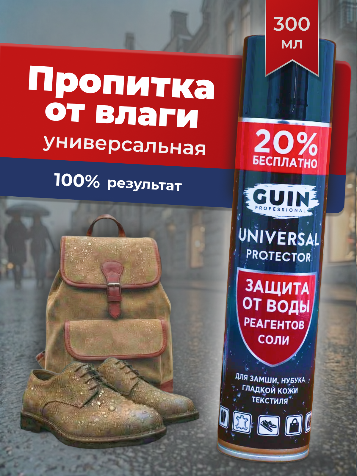 Водоотталкивающая пропитка GUIN 300 мл для обуви одежды сумок, защита от воды и грязи
