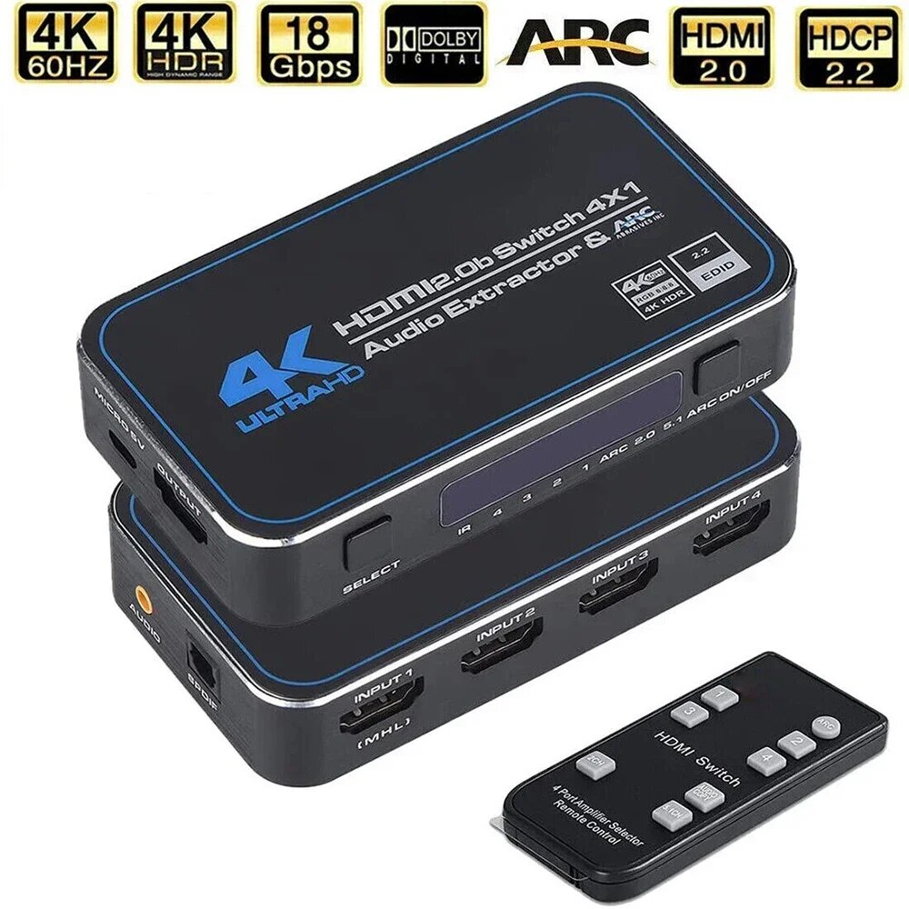 HDMI 2.0b Switch 4x1 Audio Extractor ARC, 4K HDR, 18Gbps, EU PLUG