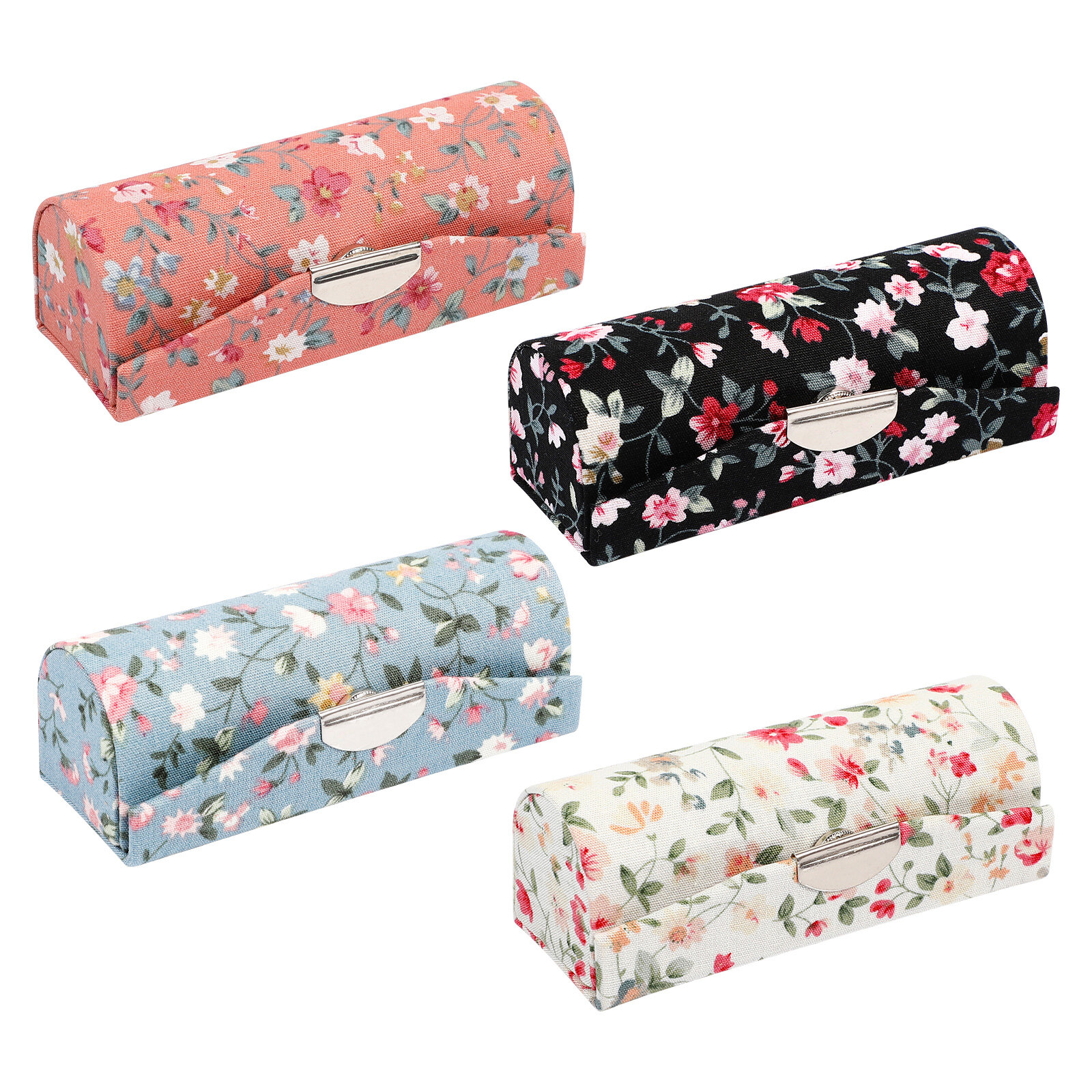 Набор из 4 коробочек для губной помады Minkissy с вышивкой (по одной коробочке каждого цвета: черная с мелким цветочным узором, белая с мелким цветочным узором, синяя с мелким цветочным узором и розовая с мелким цветочным узором).