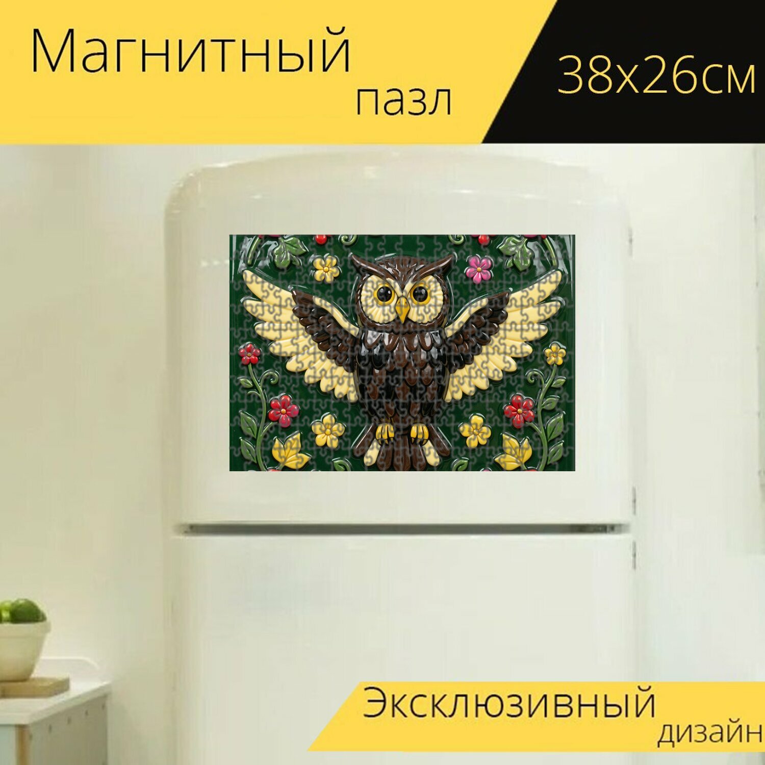Магнитный пазл "Сова с расправленными крыльями. Декоративная филинка в глянцевом рельефном орнаменте с цветами и листьями. Зеленый фон, коричневое оперение." для интерьера, 38х26 см.