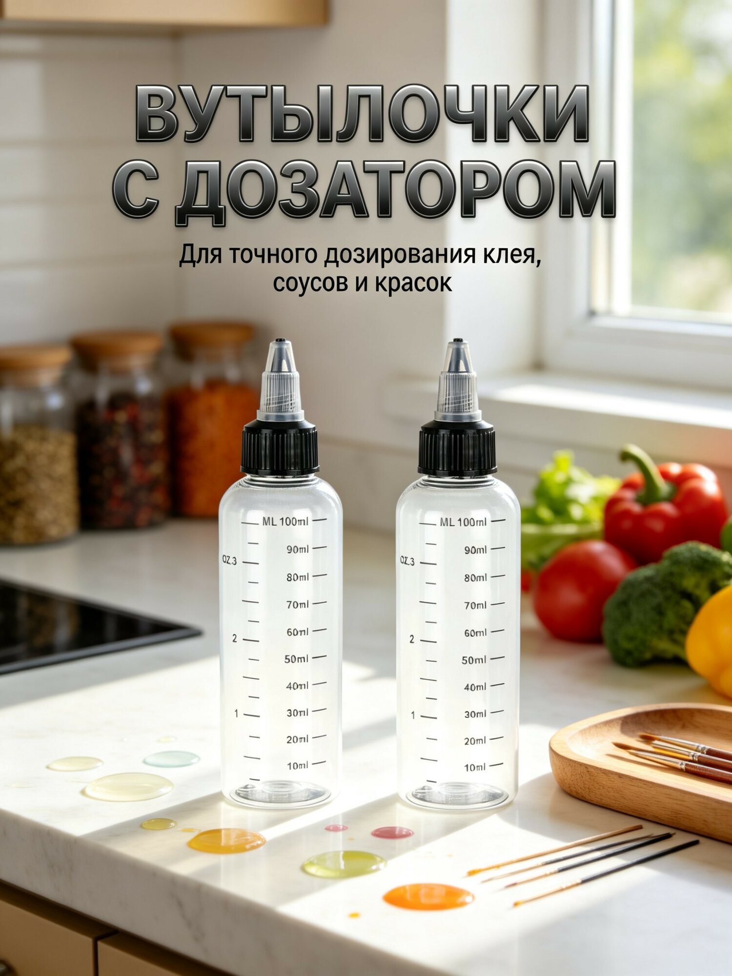 Набор из 2 бутылочек 100 мл с дозатором и шкалой, для клея, соусов, красок и других жидкостей, удобные и универсальные