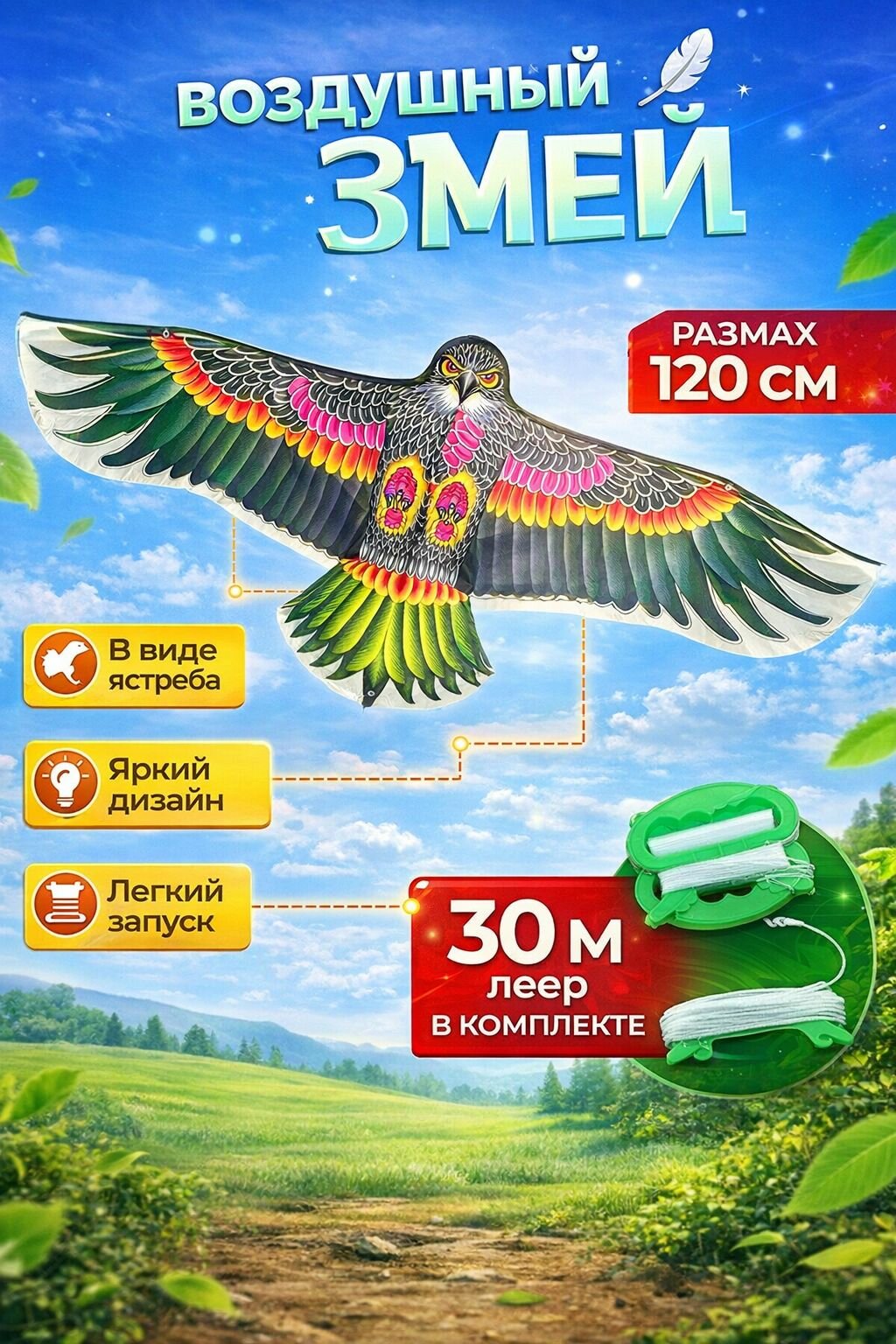 Воздушный змей Орёл с катушкой 30м, размах 120см / Управляемый летучий змей для игры на улице