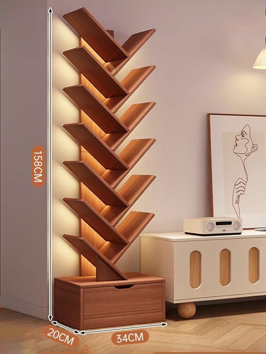 Книжная полка QIKIOB 34×20×158 см деревянная в форме дерева — компактный стеллаж для книг и декора в углу квартиры