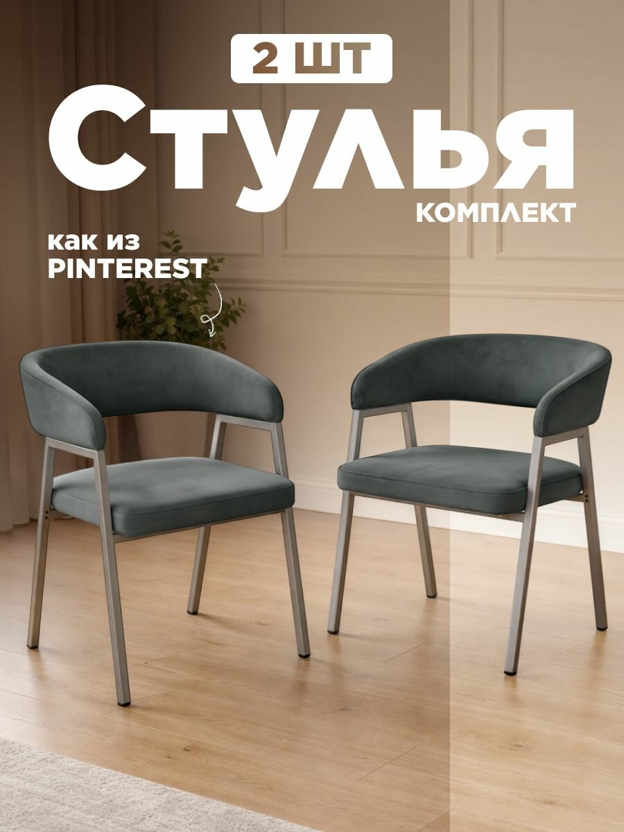 Стулья для кухни 2 шт. с мягкой спинкой Ботаника серебристые ножки темно-серый