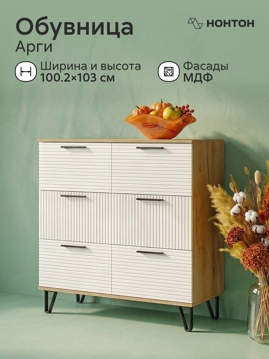 Закрытая обувница Арги, Ш:100.2 * Г:30 * В:103, откидные дверцы (дуб крафт / браш белый)