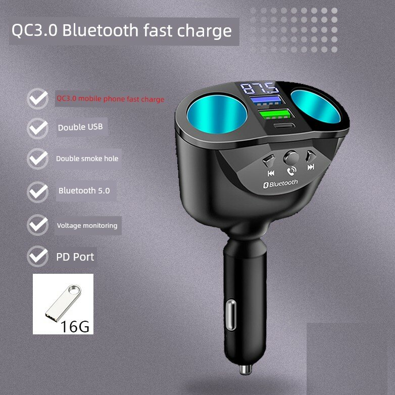 Автомобильный Bluetooth-зарядник с быстрой зарядкой QC3.0 и USB-накопителем на 2000 треков (10Вт)