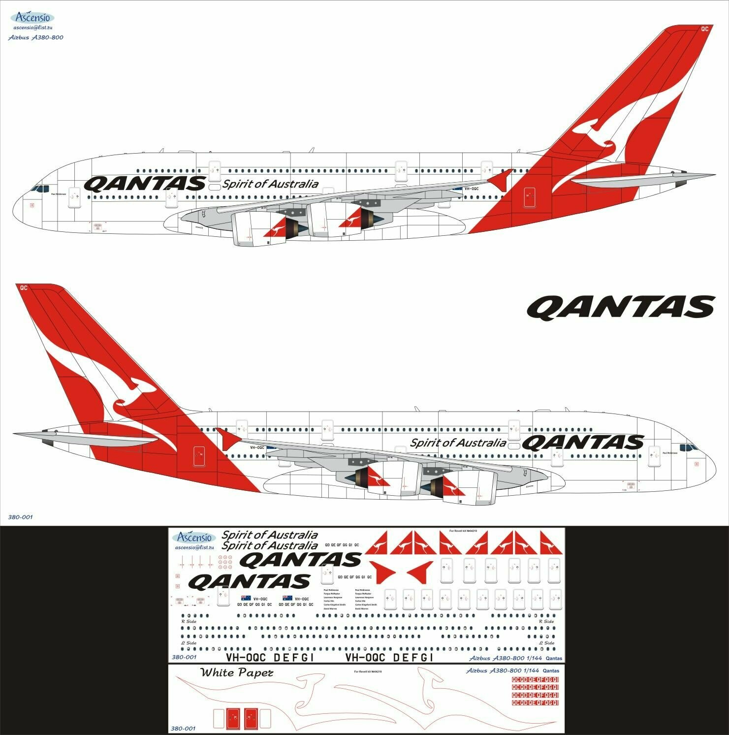 Декаль Airbus A380-800 а/к Qantas масштаб 1/144