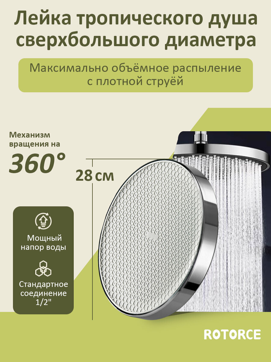 Тропический душ лейка верхняя, лейка для тропического душа 28см, 436 форсунка, круглая, ROTORCE