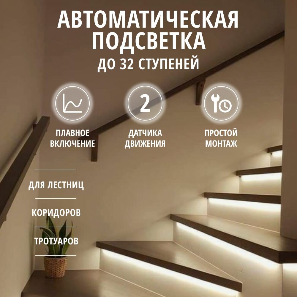 Подсветка лестницы, ступеней, автоматическая датчиками движения и контроллером, 1шт
