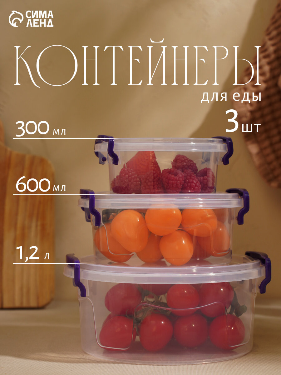 Набор контейнеров пищевых RICCO, 3 шт: 300 мл, 600 мл, 1,2 л, круглые, цвет прозрачный, голубой