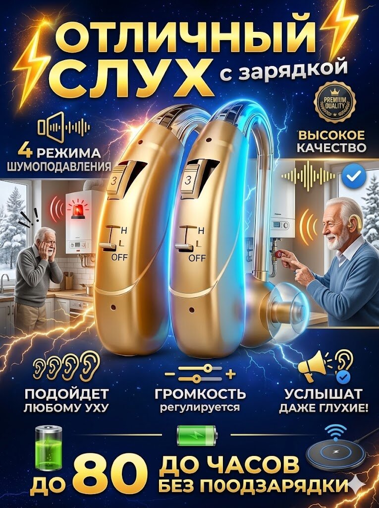 Накладной слуховой прибор с зарядным устройством для пожилых и взрослых