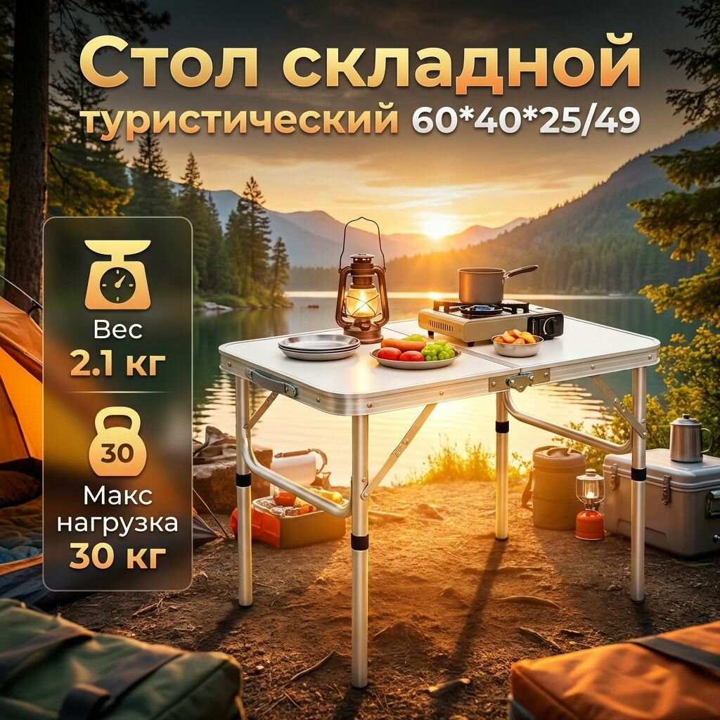 Стол складной туристический 60*40, высота 25/49, светлый