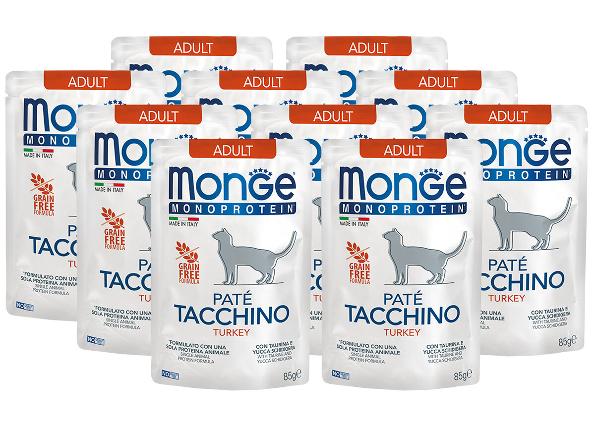 Корм влажный Monge Monoprotein Cat монобелковые для взрослых кошек с индейкой пауч, 85 г 10 шт