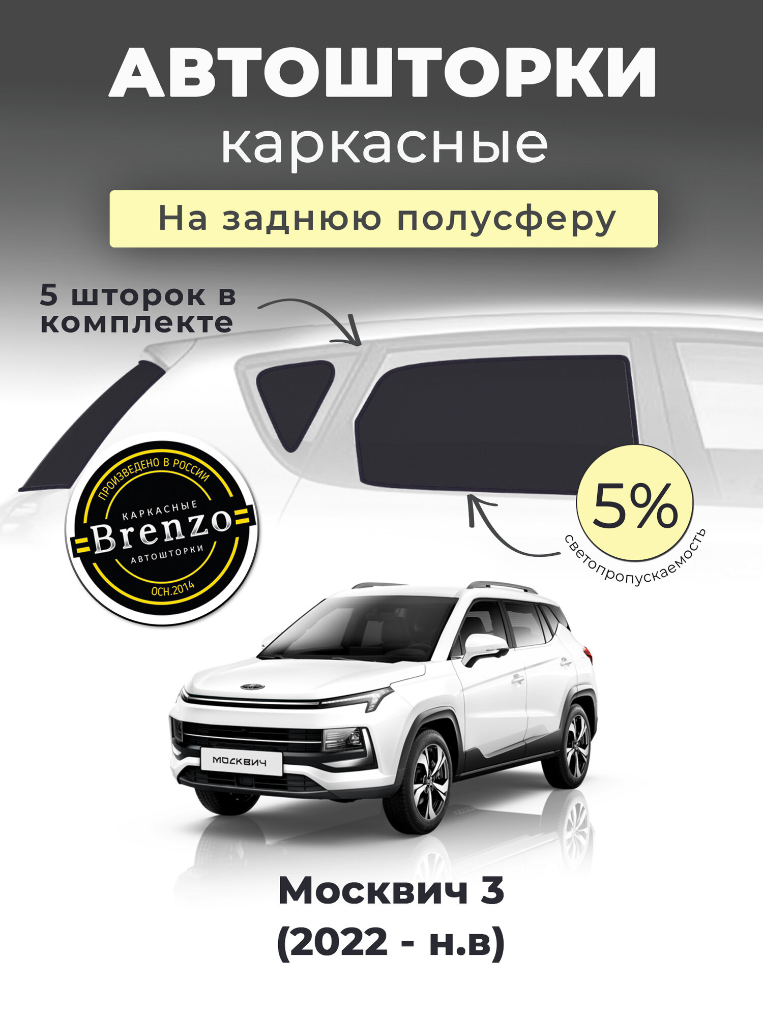 Каркасные шторки Москвич 3 (2022 - н. в) на заднюю полусферу 5%, сетки от солнца в машину