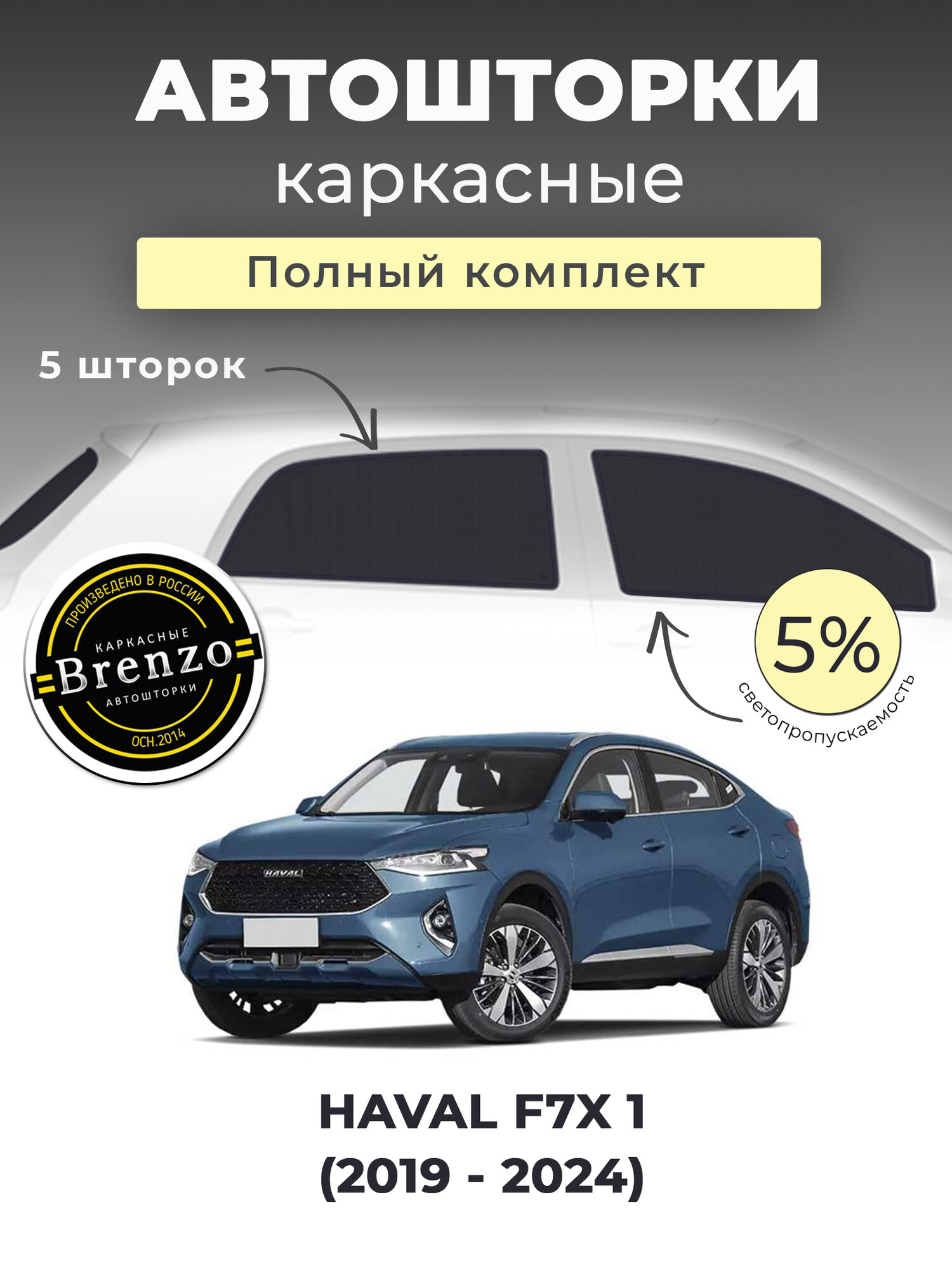 Каркасные шторки HAVAL F7X 1 (2019 - 2024) полный комплект 5%, сетки от солнца в машину