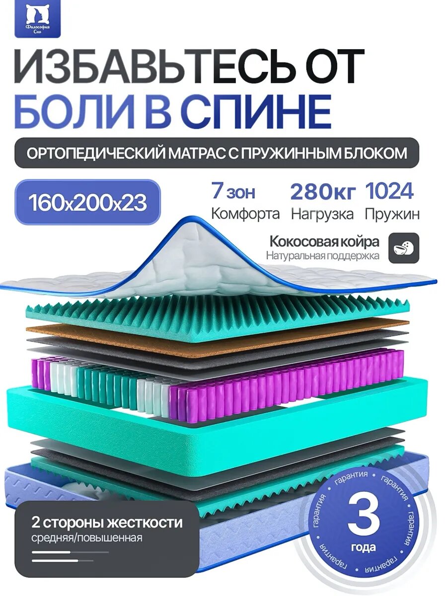 Матрас 160х200х21 Философия Сна независимые пружины, ортопедический, с кокосовой койрой