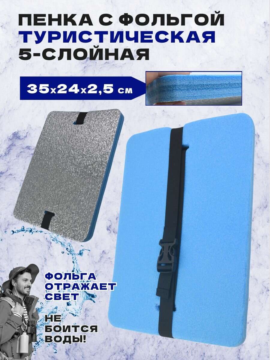 Сиденье туристическое, 5-ти слойное синее, с фольгой, влагостойкое, многослойное, пенка/каремат, сидушка походная, хоба для похода/туризма 350x240x25 мм