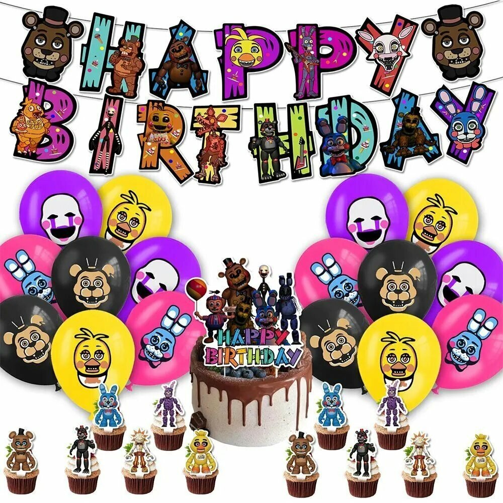 34шт. Праздничные принадлежности Five Nights at Freddy's включают в себя Топпер для торта, Баннер с воздушным шаром