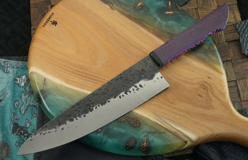 Кухонный шеф нож KovchegArt Араси, сталь Aus10Co, рукоять черно-фиолетовая микарта