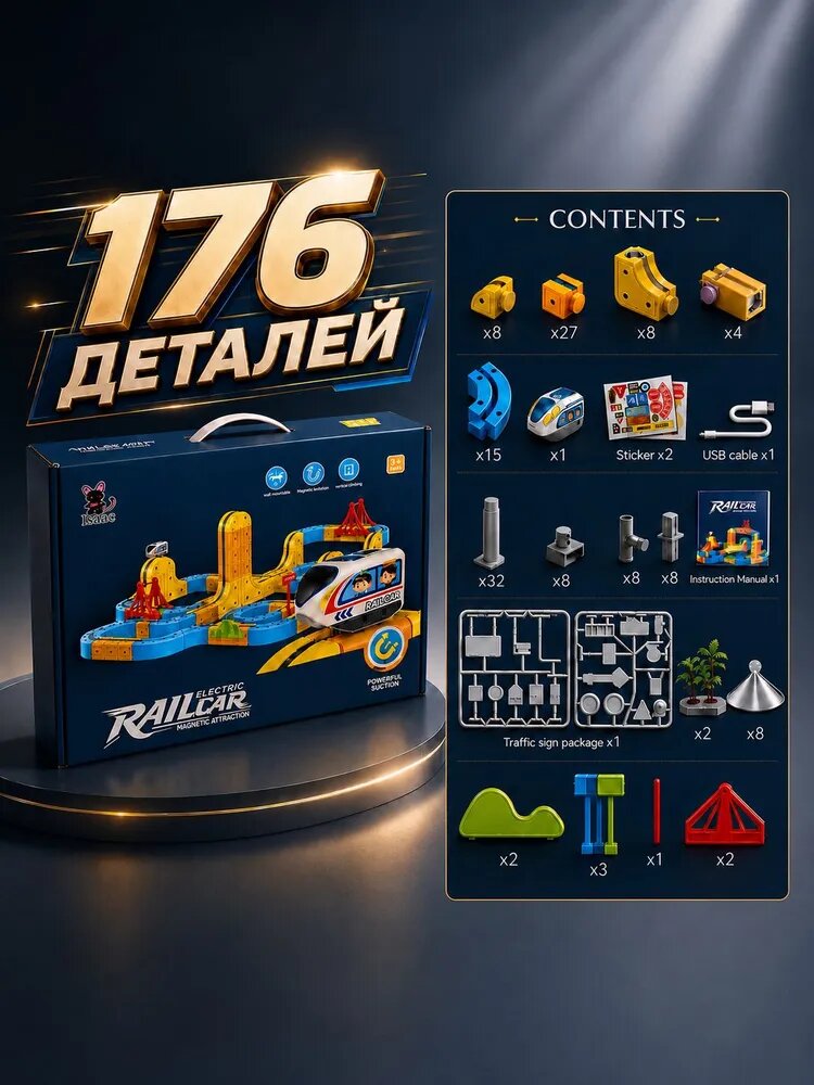 Магнитный конструктор-трек с поездом, 176 деталей, детская железная дорога с эффектом антигравитации, развивающая игрушка, подарок для мальчиков и девочек