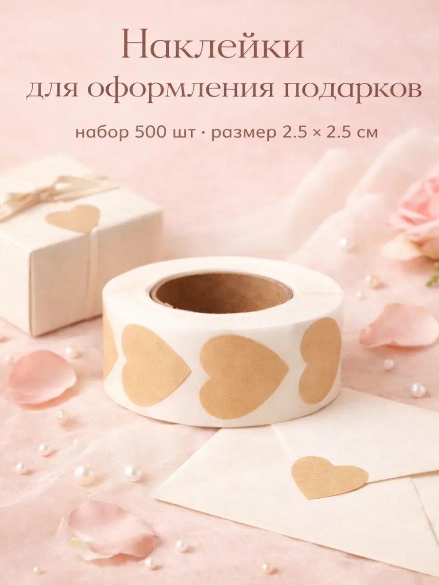 Наклейки Сима-ленд "Сердце", бумага, бежевые, в рулоне, 2.5x2.5 см