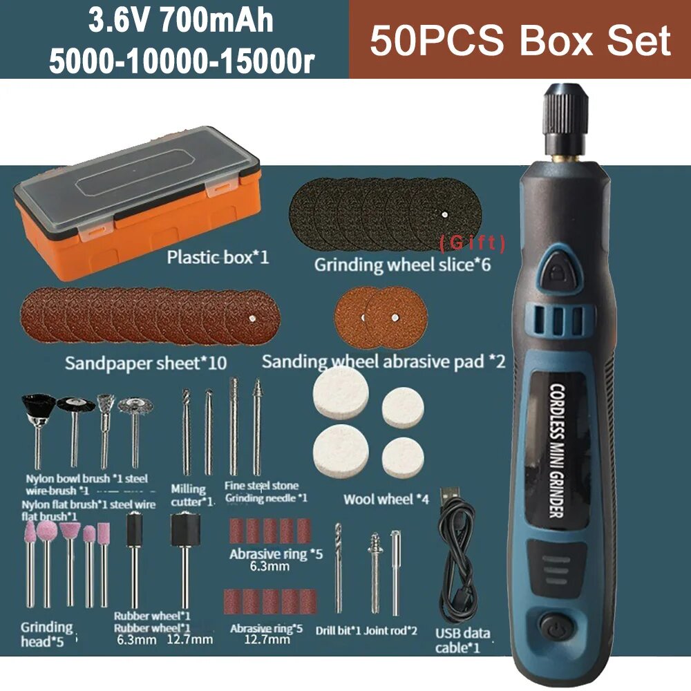 Мини-шлифмашина 3.6В Cordless Electric Drill Micro Rotary Tool Rechargeable 50PCS PlasticBox Set