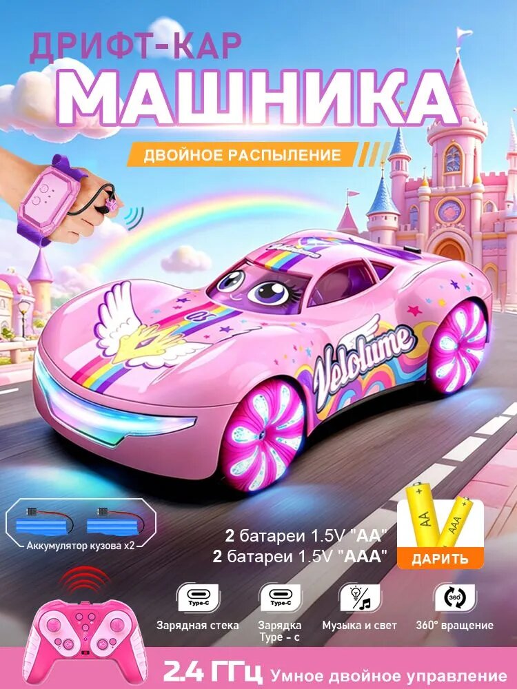 Машинка на пульте управления для девочек, 2.4ГГц, с 2 аккумуляторами, Батарейки для пульта в подарок, Розовый дизайн пони игрушки для девочек 8 лет