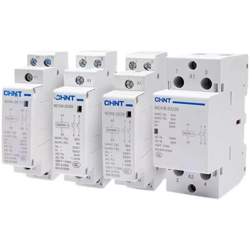 Контактор миниатюрный бытовой на DIN-рейку CHINT NCH8 20A 25A 40A 63A 1NO 1NC 2NO 2NC 4NO, переменного тока, 220V 230V 400V 63/22 63/40 40/40 40/22 2P 4P-63A 2NO 2NC
