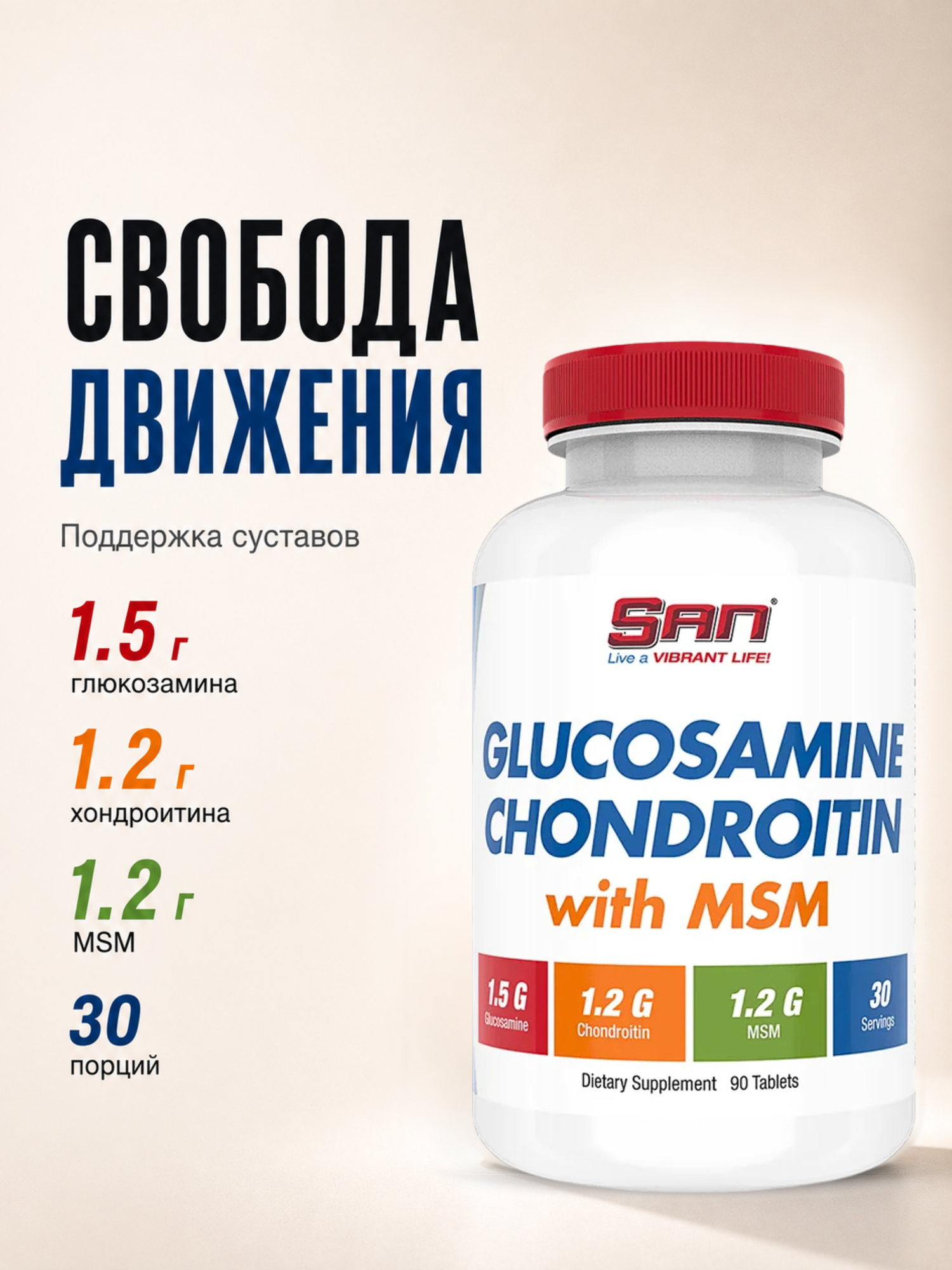 Глюкозамин хондроитин SAN Glucosamine & Chondroitin & MSM (90 шт) Витамины таблетки бады для суставов