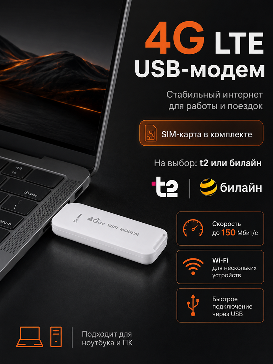 USB-модем 4G LTE с Wi-Fi и SIM-картой, мобильный интернет до 150 Мбит/с
