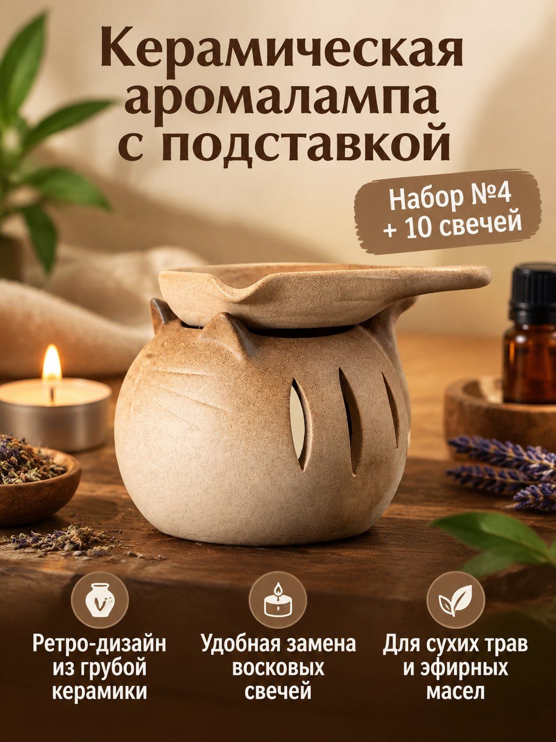 Керамическая аромалампа для сухих трав и эфирных масел, комплект №4 с 10 свечами, ретро стиль