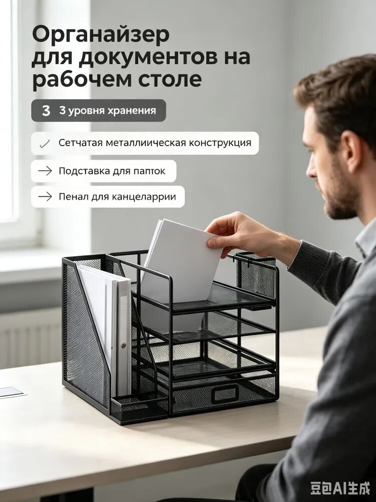 Черный лоток для бумаг 5 секций, органайзер для документов на рабочем столе, 3 уровня хранения, металл