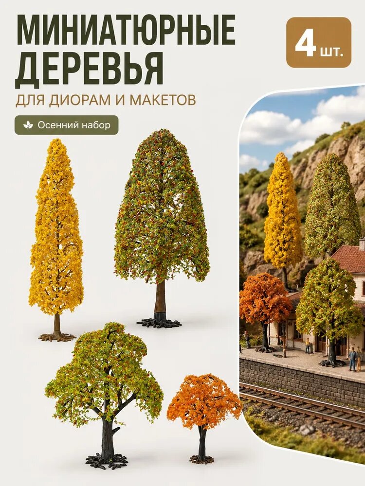 Деревья для моделизма H0, 4 шт, зелёная, жёлтая и оранжевая листва, высота 7,5 19 см