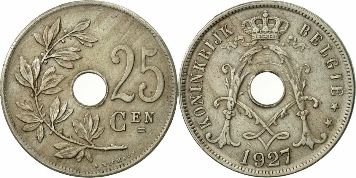 Бельгия 25 сантимов, 1927 ROYAUME DE BELGIQUE XF