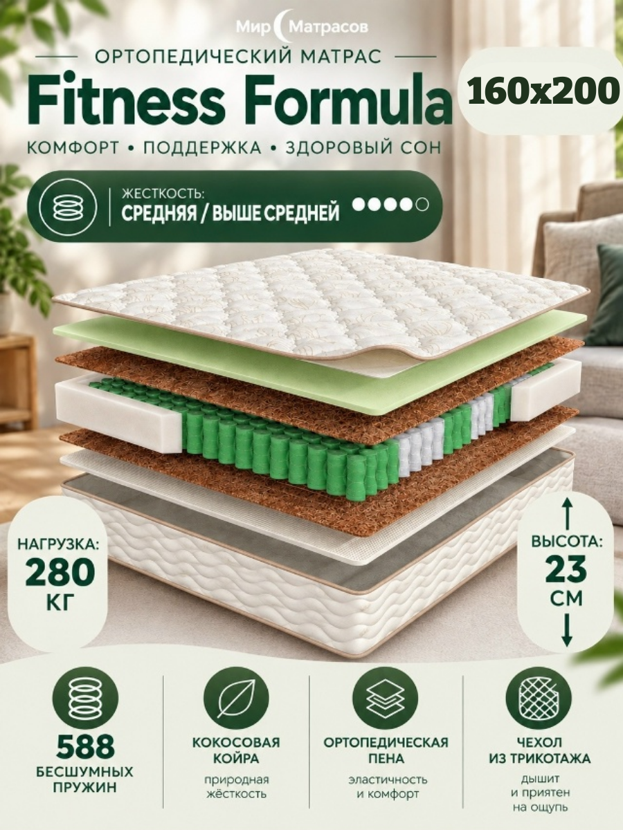 Матрас 160x200 Fitness Formula, Мир Матрасов, двухсторонний, независимые пружины, ортопедический