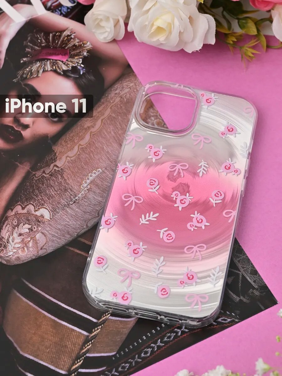 Чехол стеклянный для iPhone 11 с принтом розовый бантик, накладка
