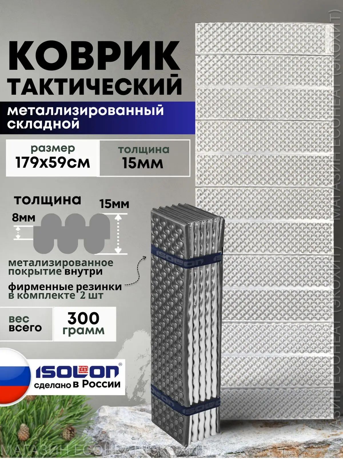Коврик туристический складной металлик флекс / ISOLON / Походный, с защитным покрытием, усиленный, 2 резинки в подарок, складывается в толстую сидушку-