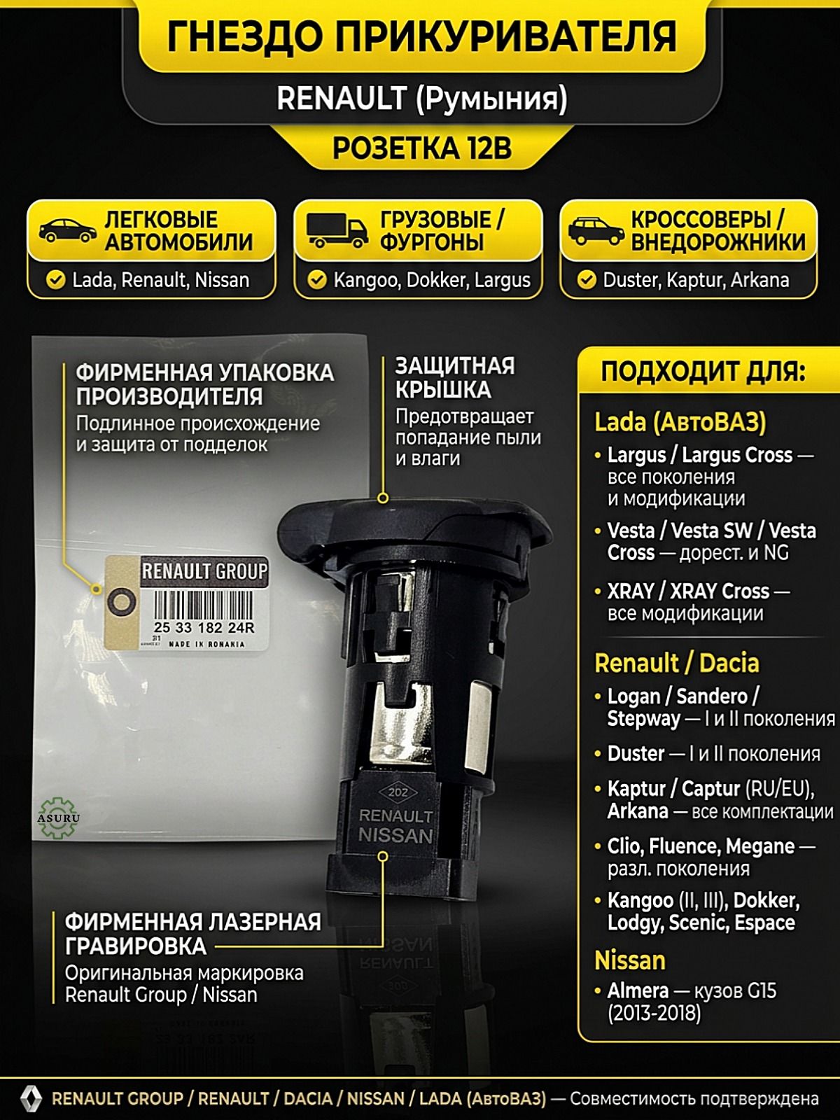 Прикуриватель RENAULT (Румыния)/ Розетка 12В Лада Ларгус, Веста, XRay, Renault Logan, Sandero, Duster, Nissan Almera 253318224R