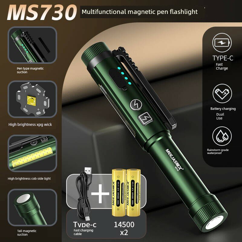 Темно-зеленый Премиум Фонарик, Перезаряжаемый и На Батарейках, Свет для Чтения, Магнитный, Двойное Освещение, Ручка