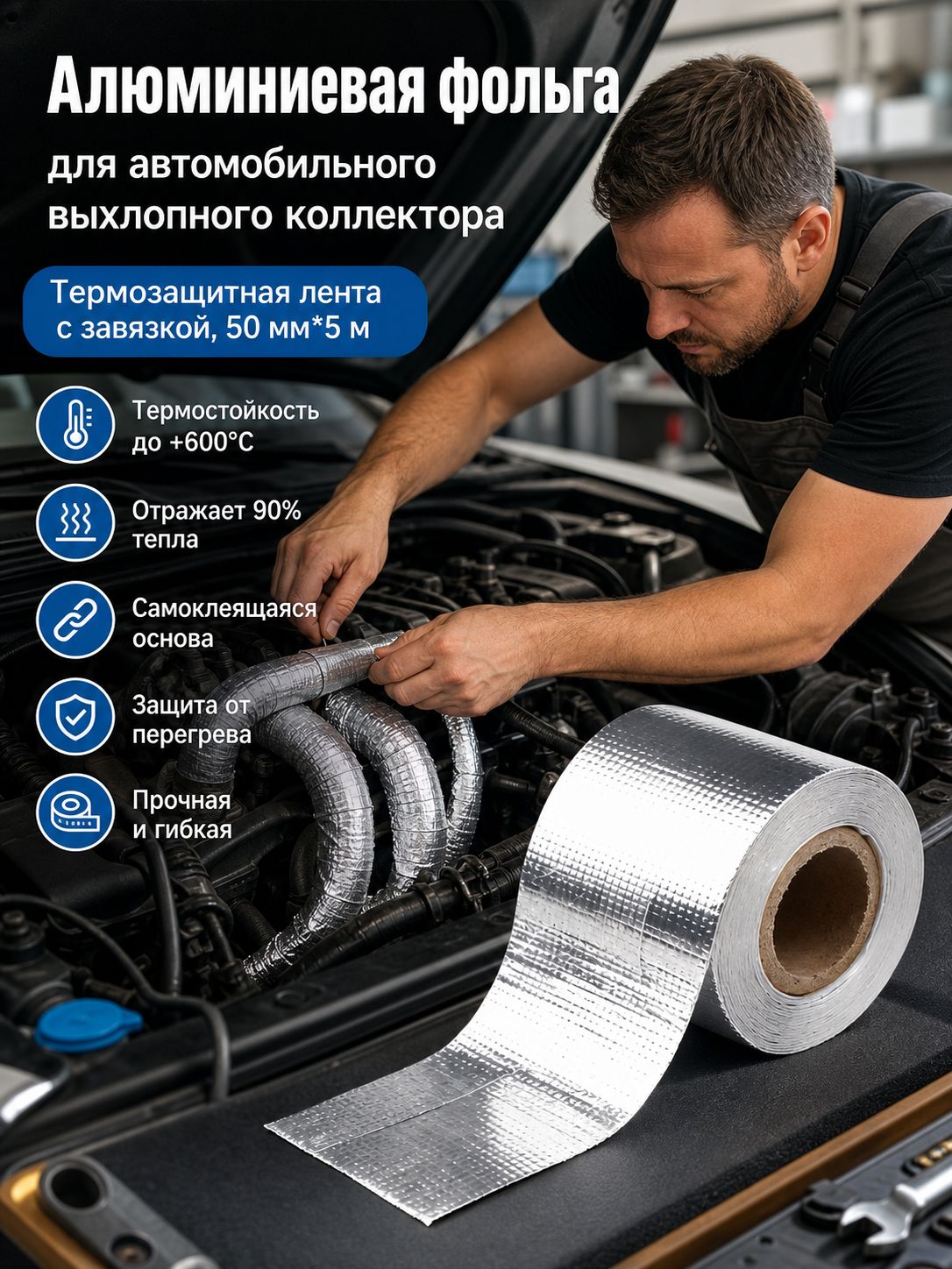 Теплоизоляционная лента для автомобильных двигателей, предназначенная для защиты жгутов проводов, трубопроводов и деталей от воздействия высоких температур