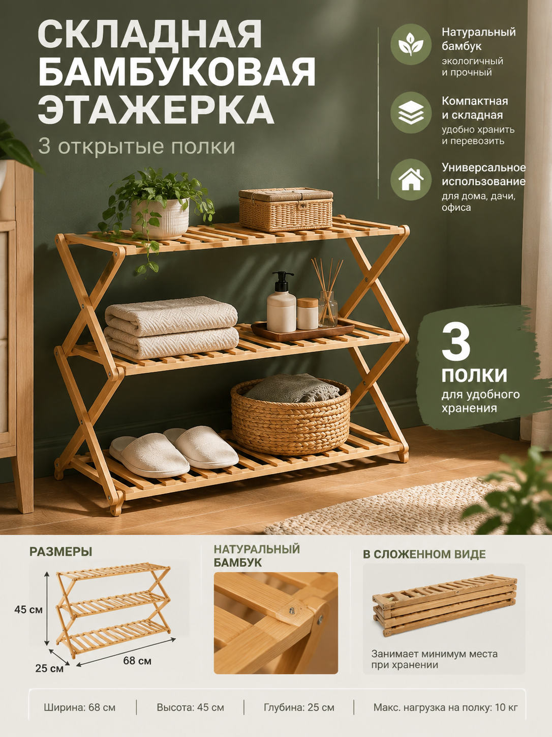 Складная бамбуковая этажерка с 3 открытыми полками, 68×25×45 см