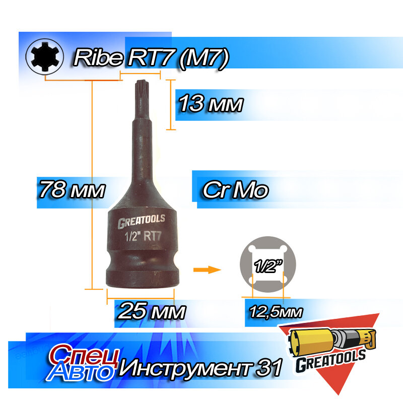 Бита-головка Ribe M7 (RT7, RM7) l-78мм ударная CrMo