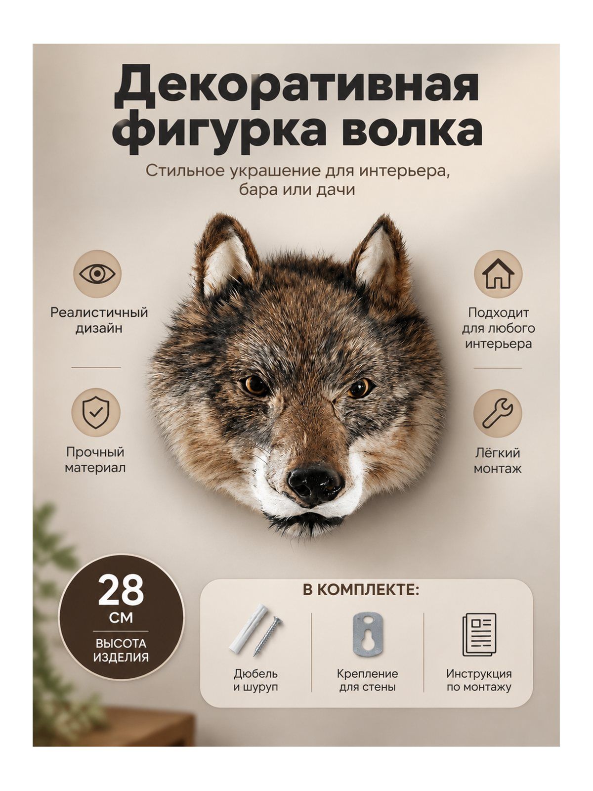 Фигурка декоративная волк, настенное украшение для интерьера, бара, дачи