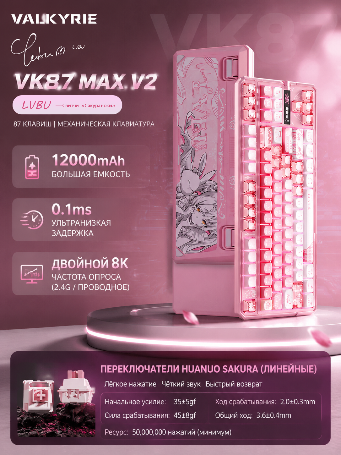 Механическая клавиатура VALKYRIE VK87 MAX V2 LVBU, 87 клавиш, кастомная, беспроводная, для игр и офиса