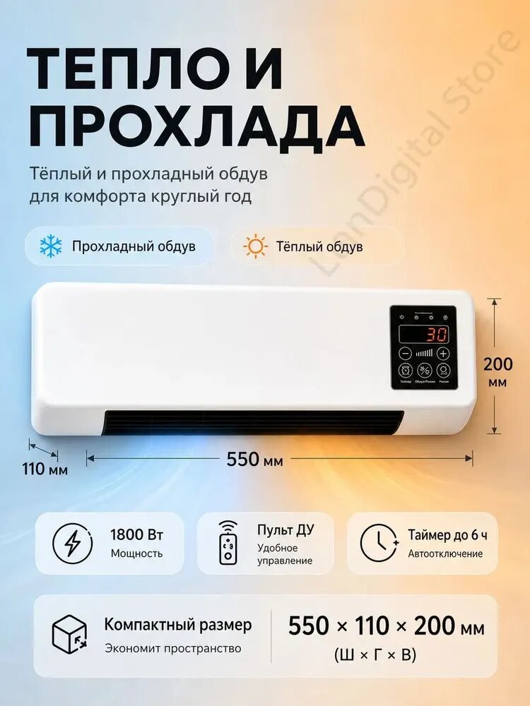 Электрический тепловентилятор настенный с пультом для дома и дачи