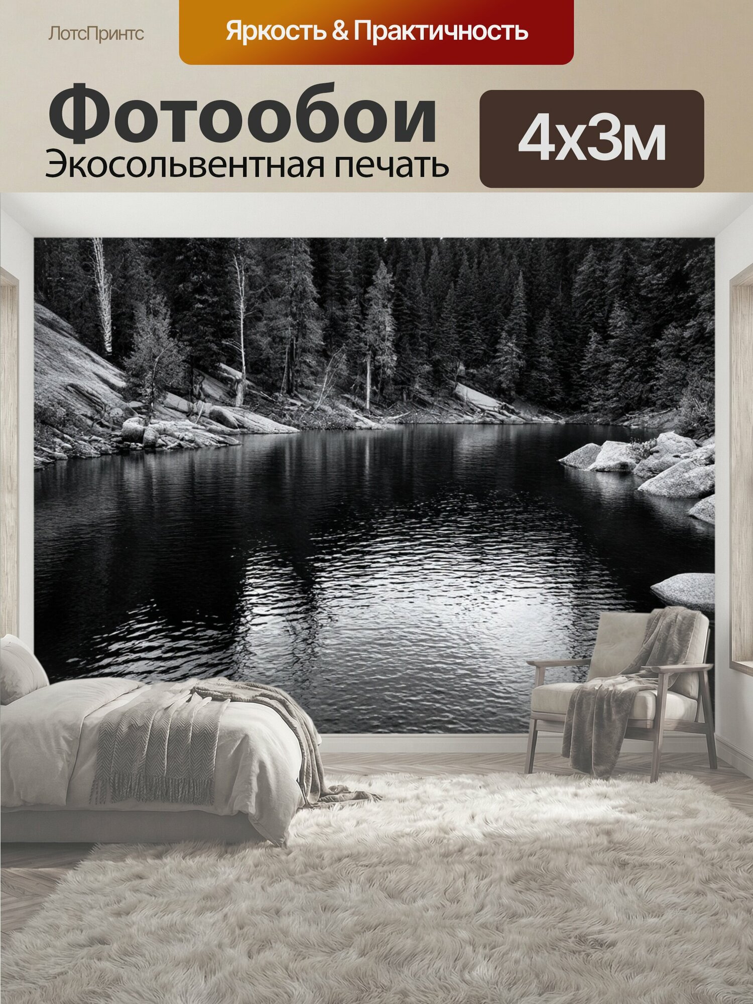 Фотообои "Озеро в черно-белом стиле, шумный поток, впадающий в озеро" 400x300 см. экосольвентная печать