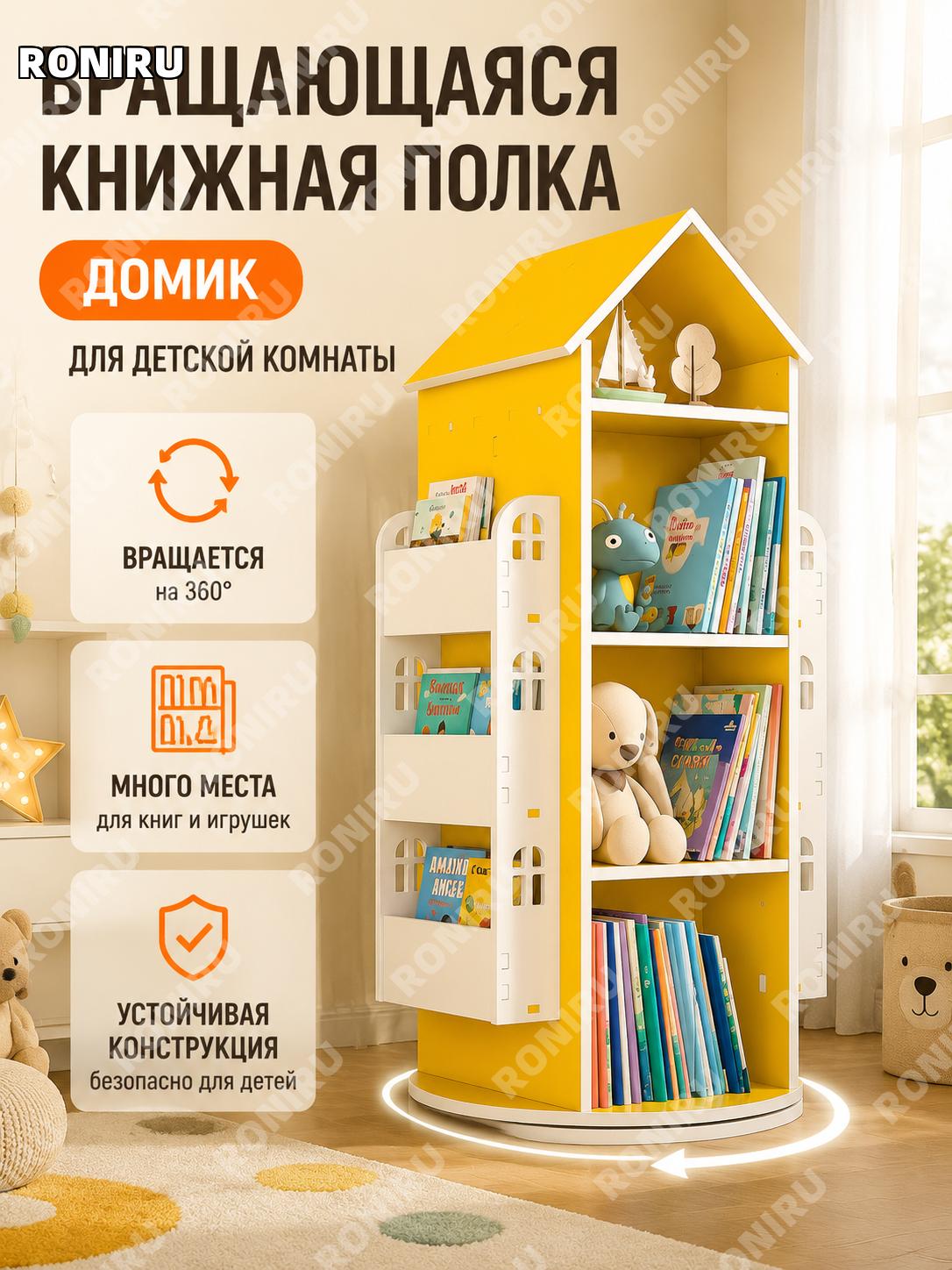 Детский вращающийся книжный шкаф домик лимонный желтый многоярусный напольный стеллаж из ПВХ для книг и хранения