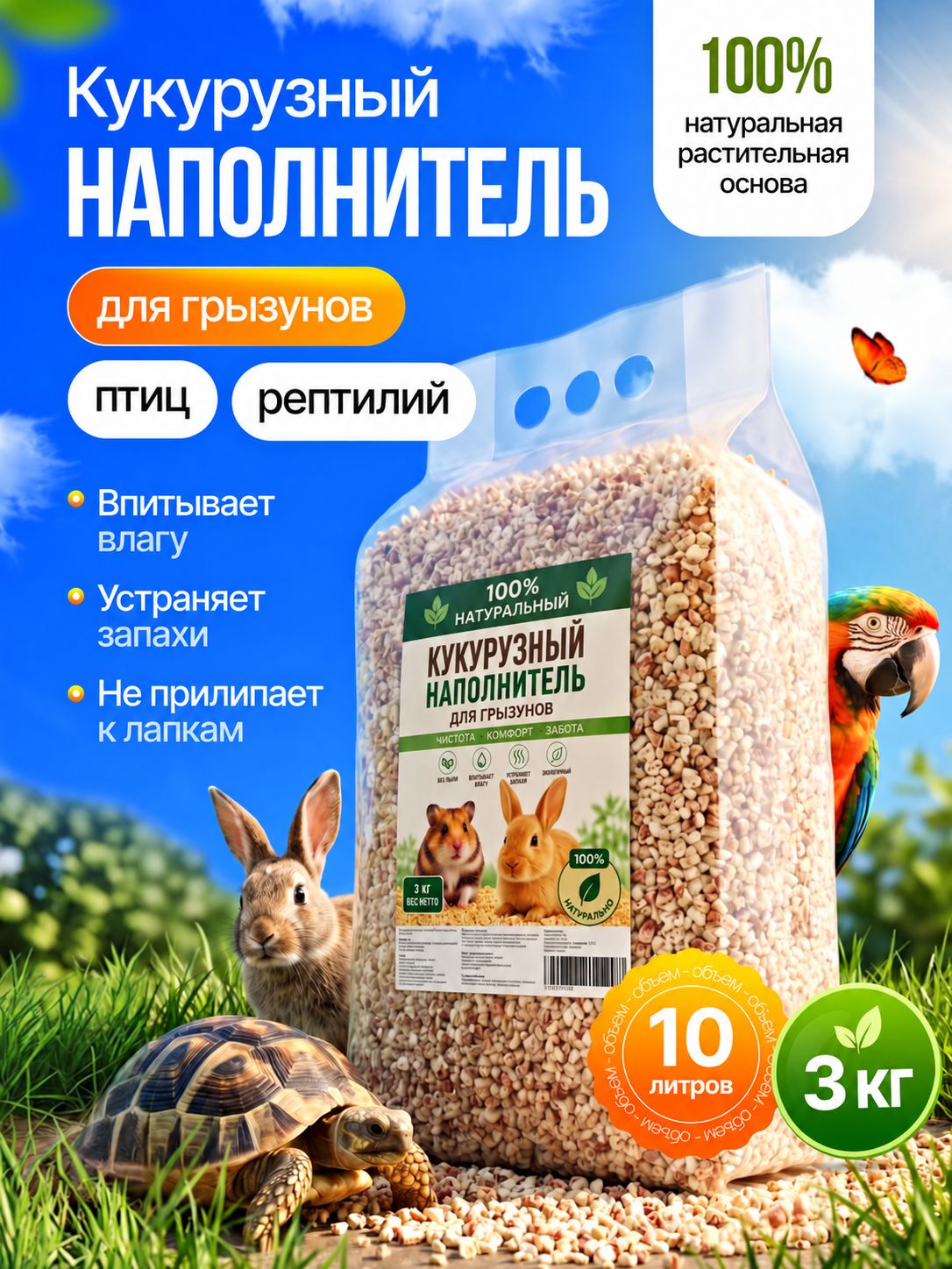 Наполнитель Кукурузный Впитывающий Кукуруза 3000г.